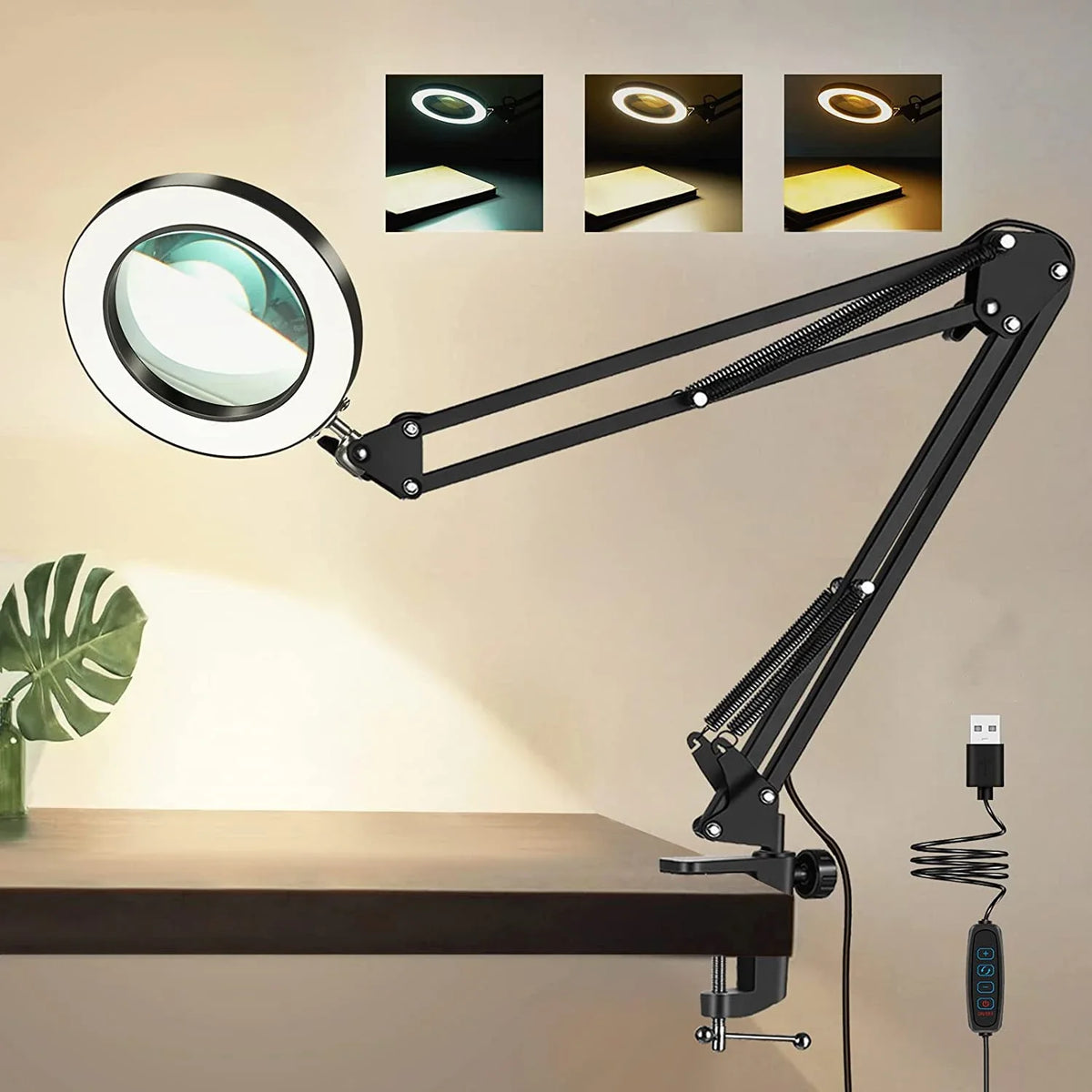 5X LED Magnifying Lamp with Clamp 3 Color Modes Adjustable Swivel Arm ...
